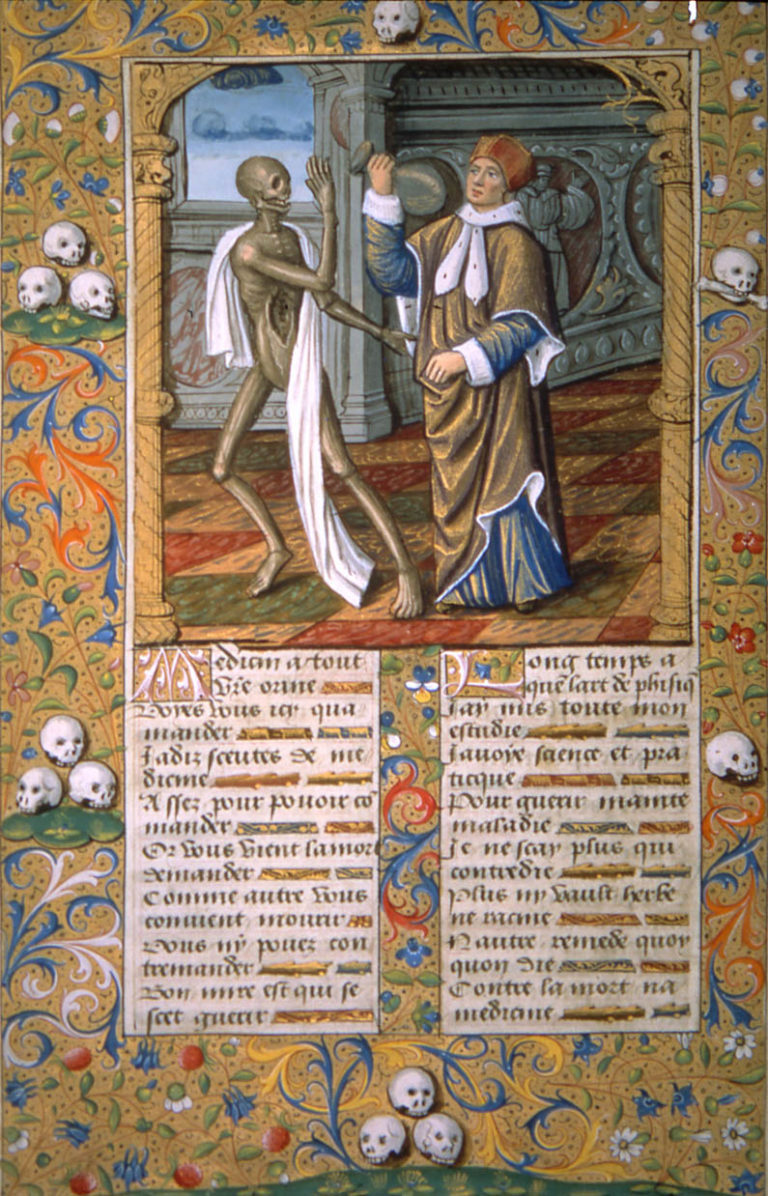 Art: Death leading a doctor holding a vial of urine. La Danse Macabre ...